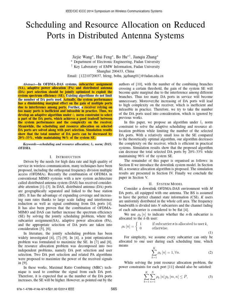 Scheduling and Resource Allocation On Reduced Ports in Distributed Antenna Systems | PDF ...