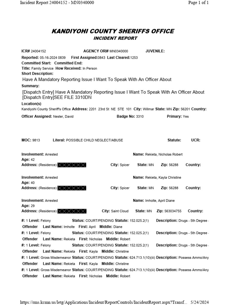 Kandiyohi County Sheriffs Office Incident Report | PDF | Criminal Law | Crimes