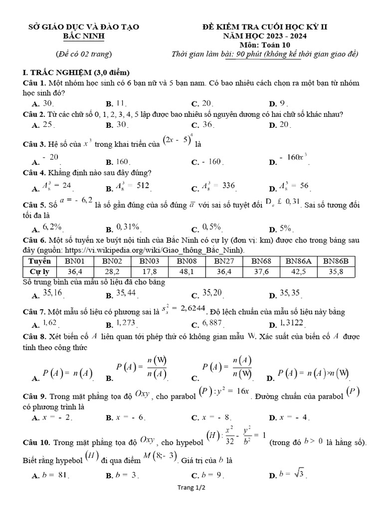 Toán 10 - cuối HKII 23 24 1 | PDF