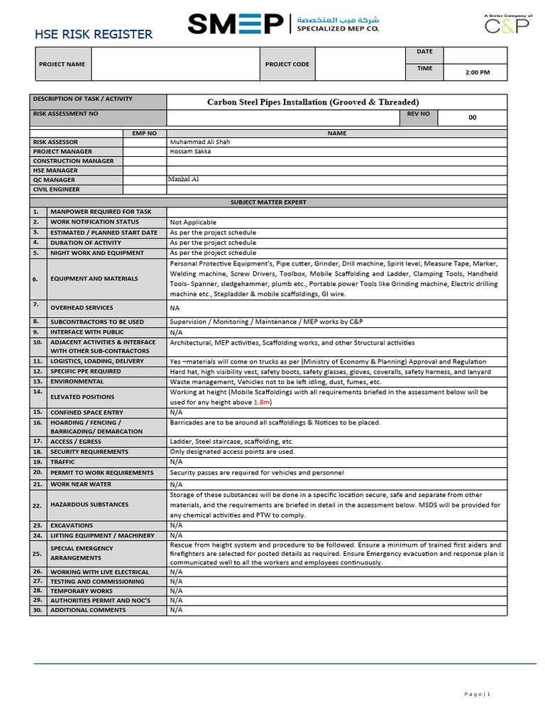 Risk Assessment Carbon Steel Pipes Installation (Grooved & Threaded ...