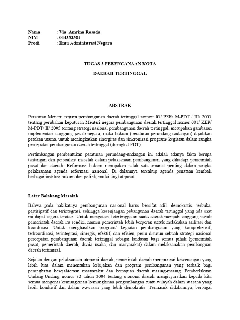 Tugas 3 Perencanaan Kota Via Amrina Rosada 044333581 | PDF