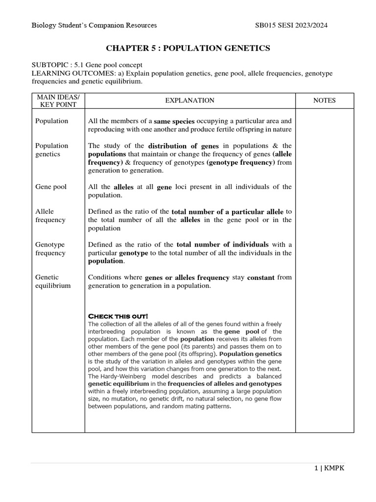 BIOLOGY SCORE Population Genetic 2023 - 2024 Revised | PDF | Zygosity | Dominance (Genetics)