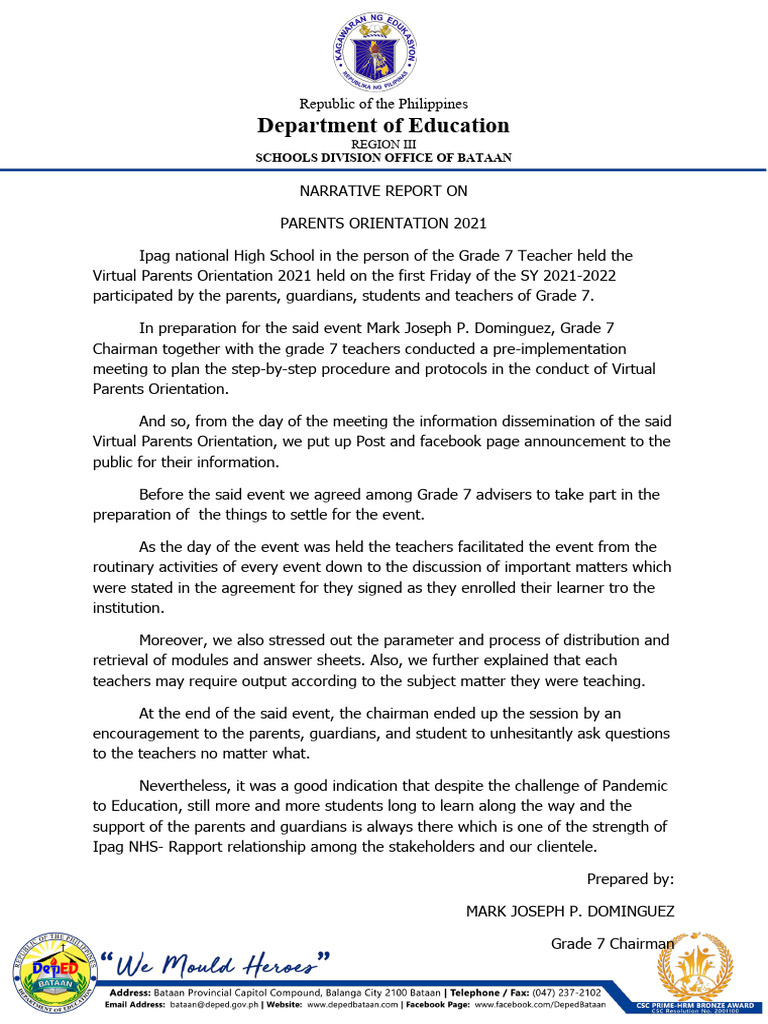 Narrative Report On Virtual Parents Orientation 2021 | Download Free ...