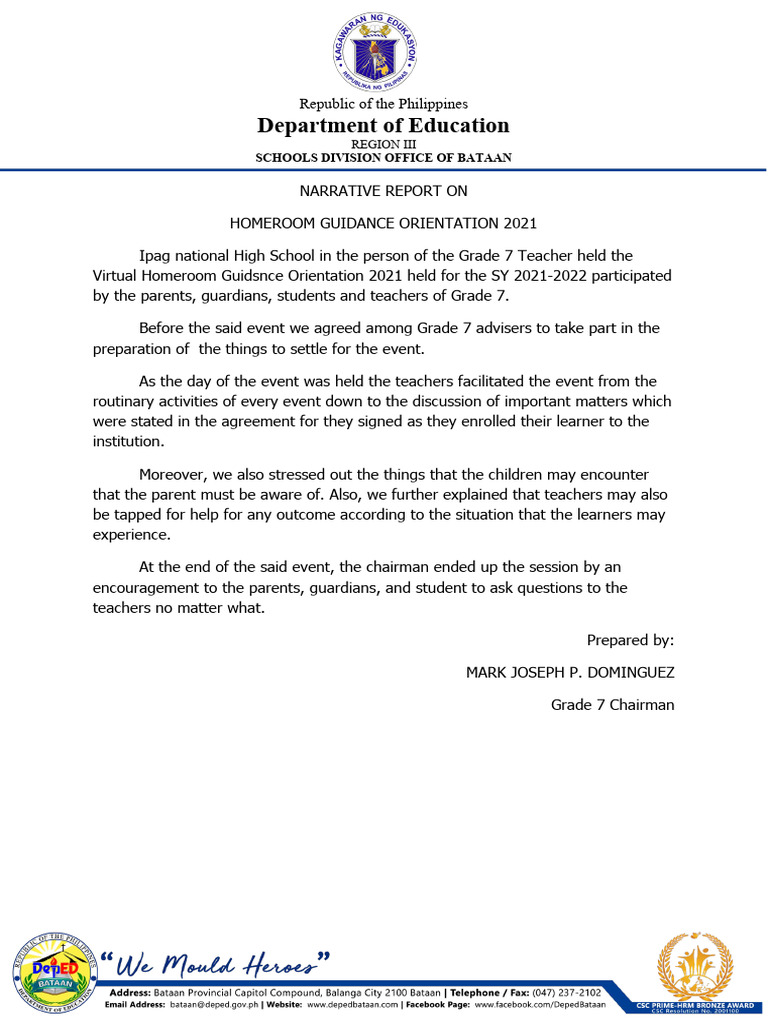 Narrative Report On Virtual Homeroom Guidance Orientation 2021 | PDF