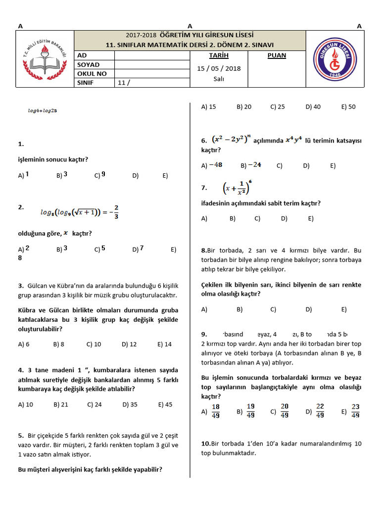 11-sinif-matematik-2-donem-2-yazili-3 | PDF
