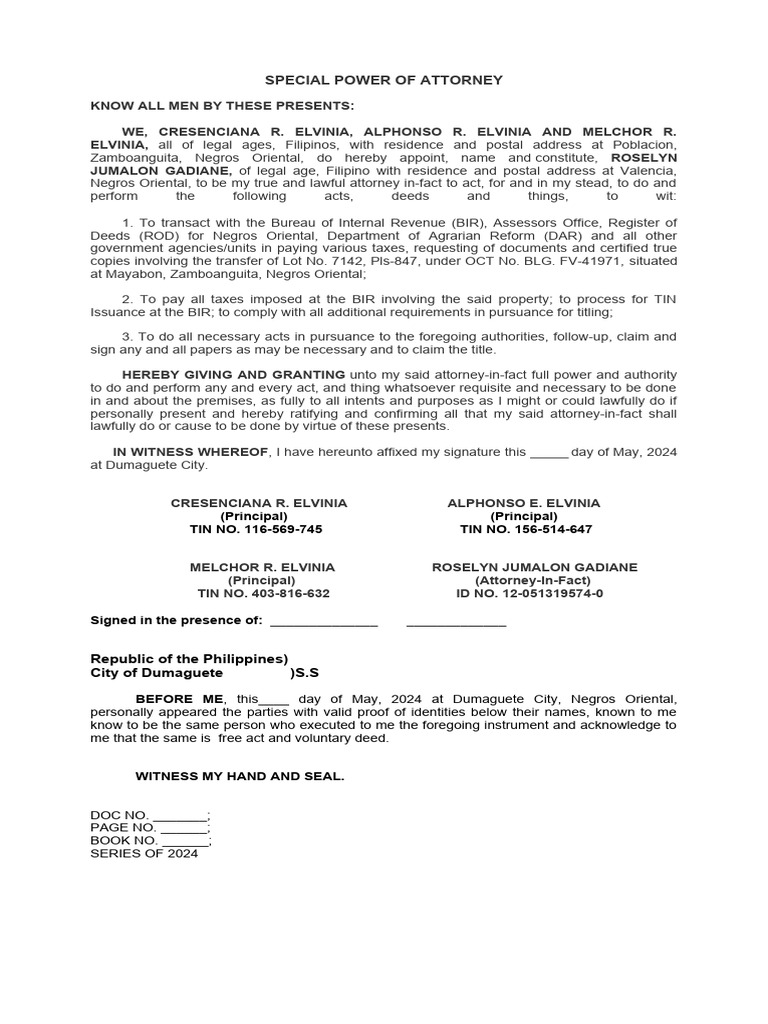 SPECIAL POWER OF ATTORNey-roselyn | PDF | Power Of Attorney | Private Law