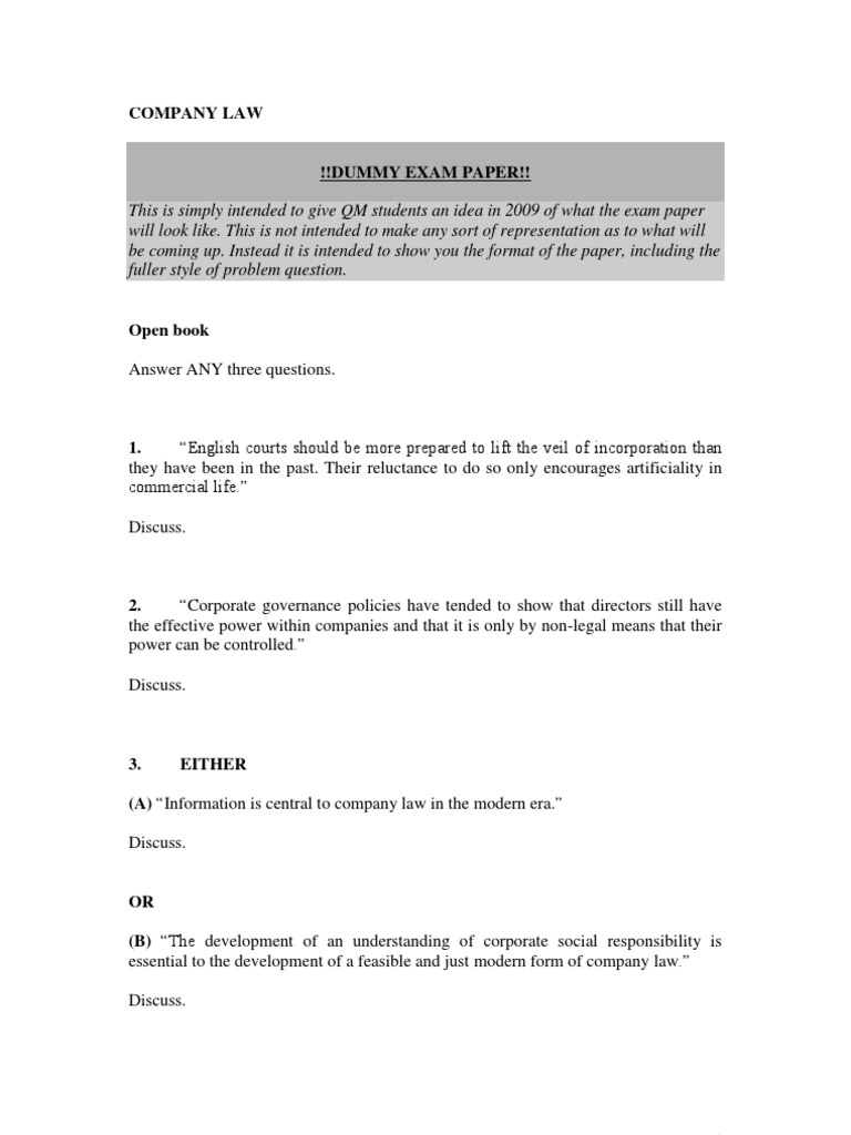Company Dummy Exam Paper | PDF | Takeover | Board Of Directors