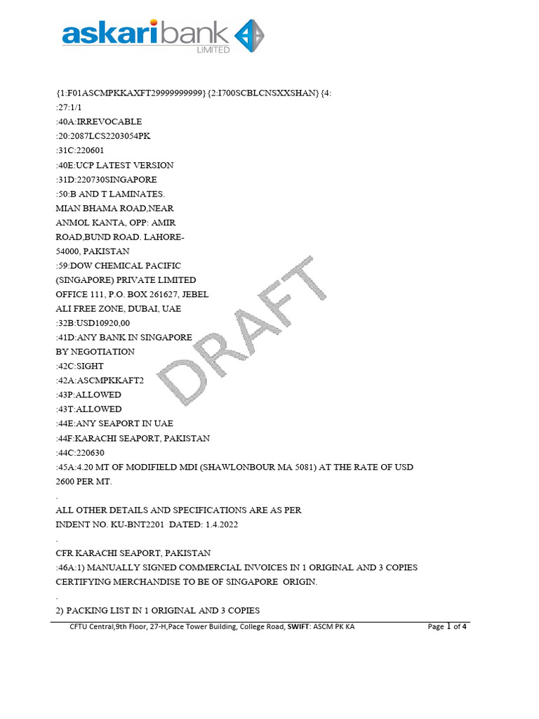 CFTU Central, 9th Floor, 27-H, Pace Tower Building, College Road, SWIFT ...