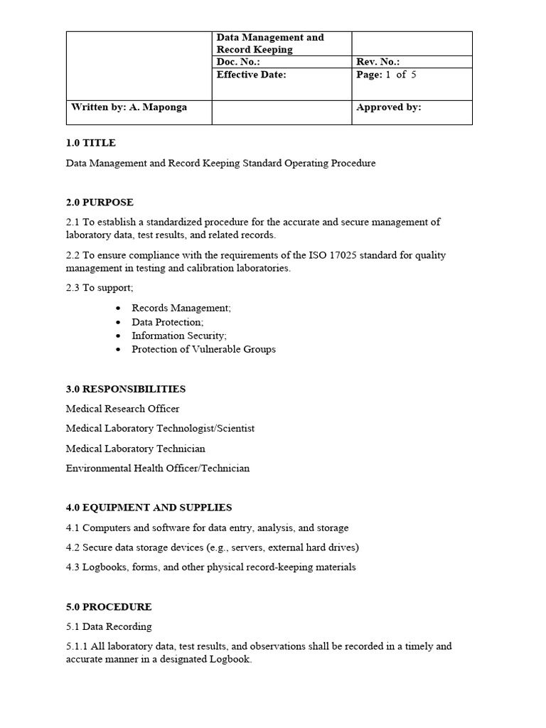 Final Draft Data Management and Record Keeping Standard Operating ... Final Draft Data Management and Record Keeping Standard Operating ...