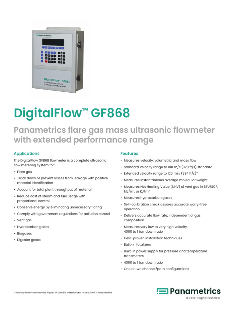 Panametrics PanaFlow GF868 Datasheet | PDF | Flow Measurement | Gases