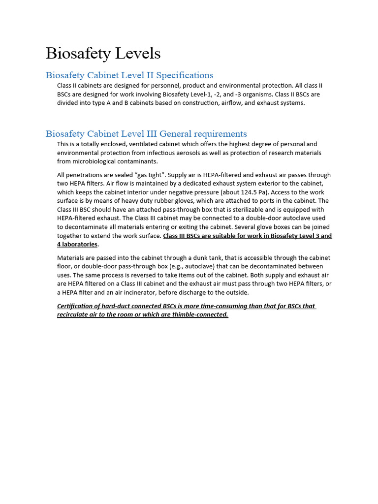 Biosafety Levels Specifications | PDF | Safety