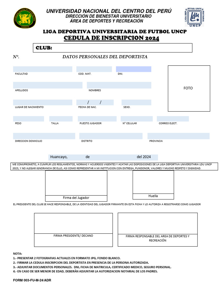2024 Ldu Futbol Mas Cedula Inscripcion Ldu Uncp 24 Form 003 | PDF