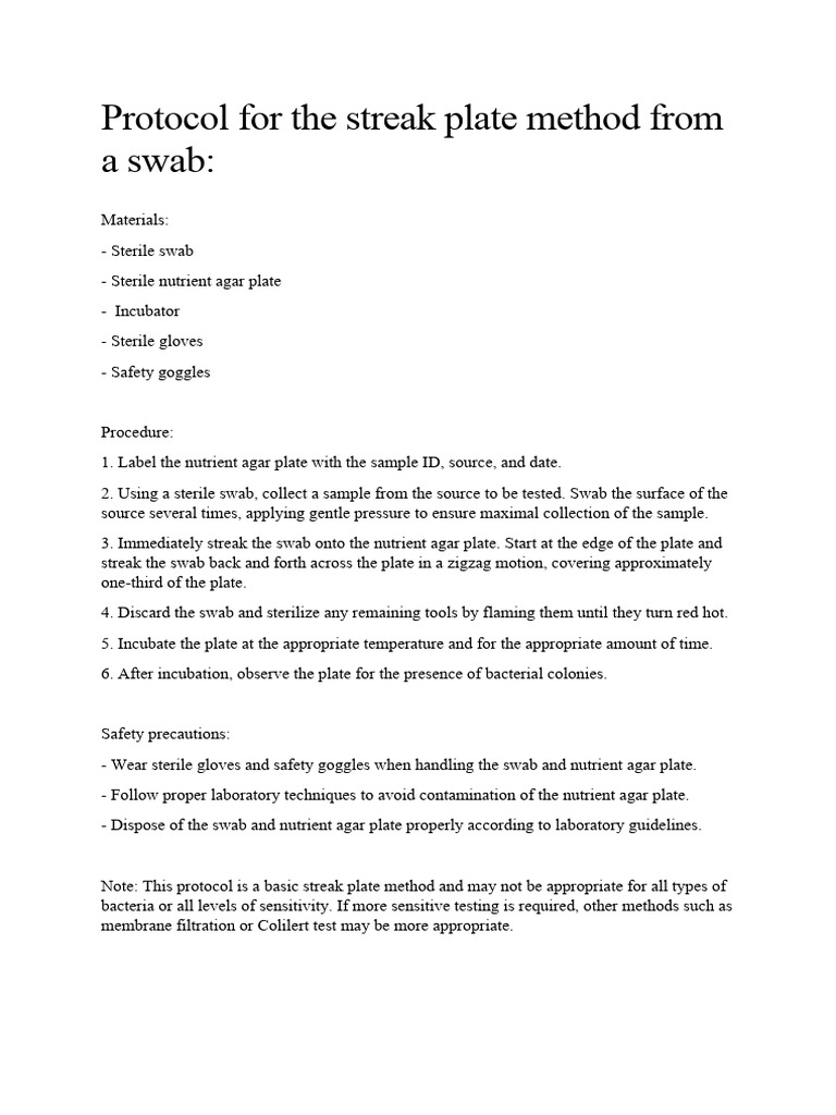 Protocol For The Streak Plate Method From A Swab | PDF | Wellness ...