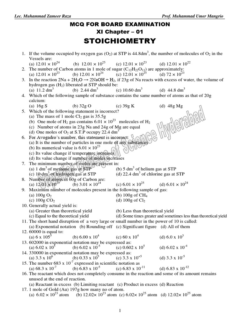 Ch-1 STOICHIOMETRY MCQS XI ZZZ | PDF | Mole (Unit) | Stoichiometry