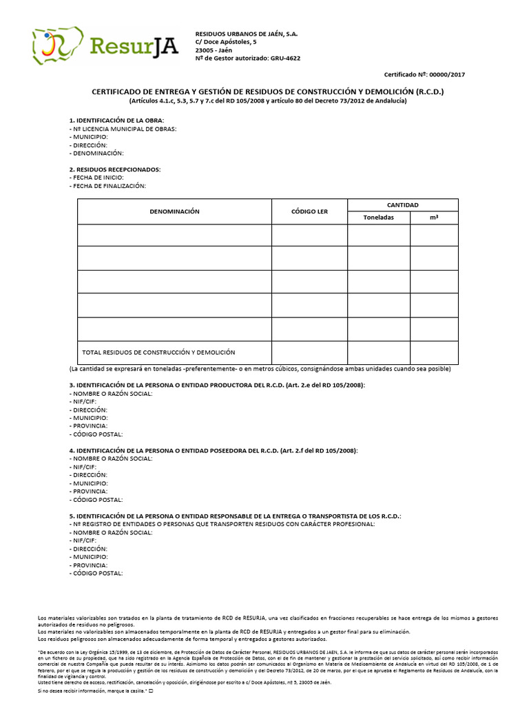 Certificado RCD | PDF | Residuos | Reciclaje