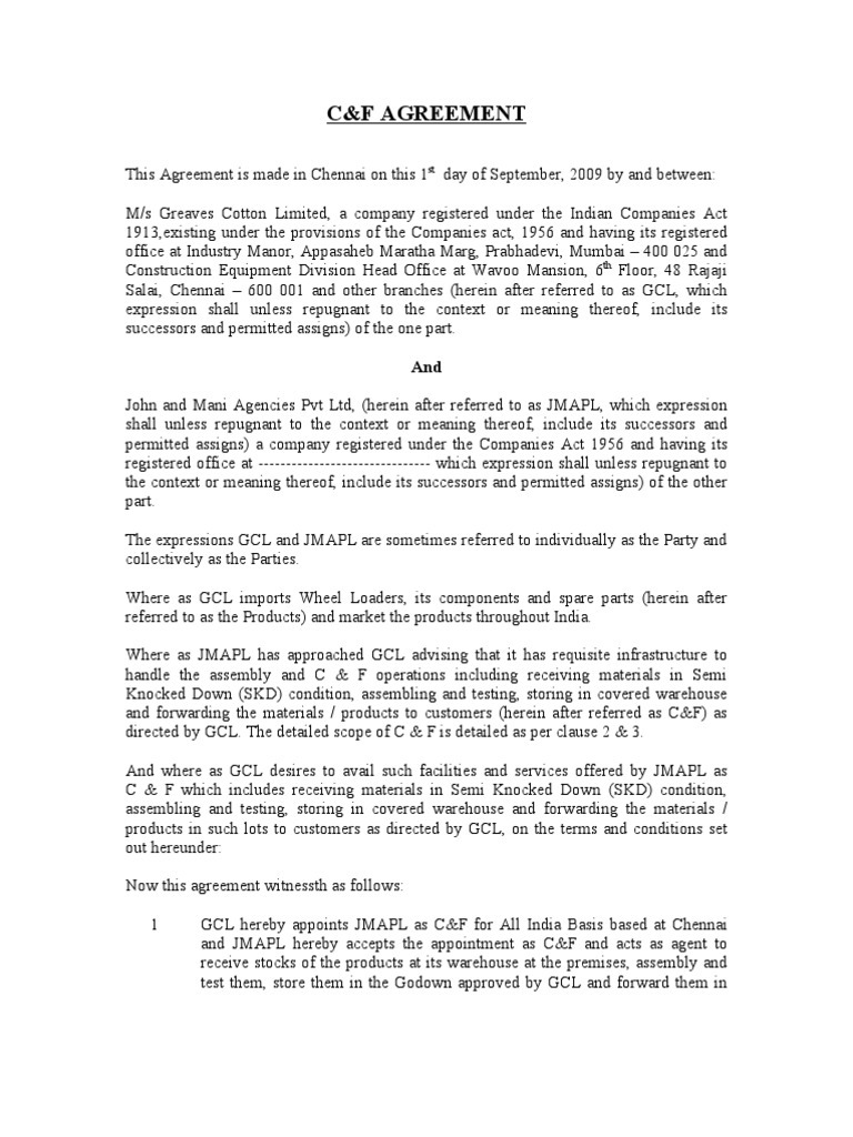 C&F Agreement | PDF | Invoice | Indemnity
