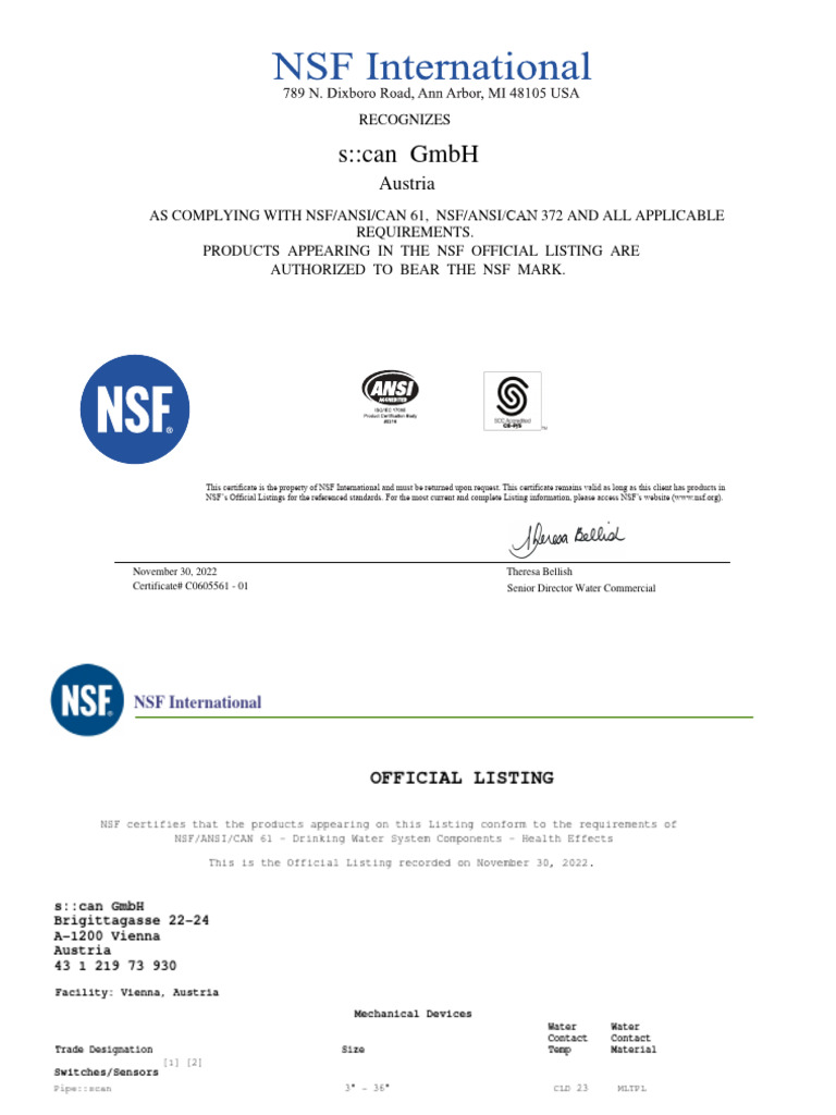 NSF Certification for s::can Products | PDF | Pipe (Fluid Conveyance)