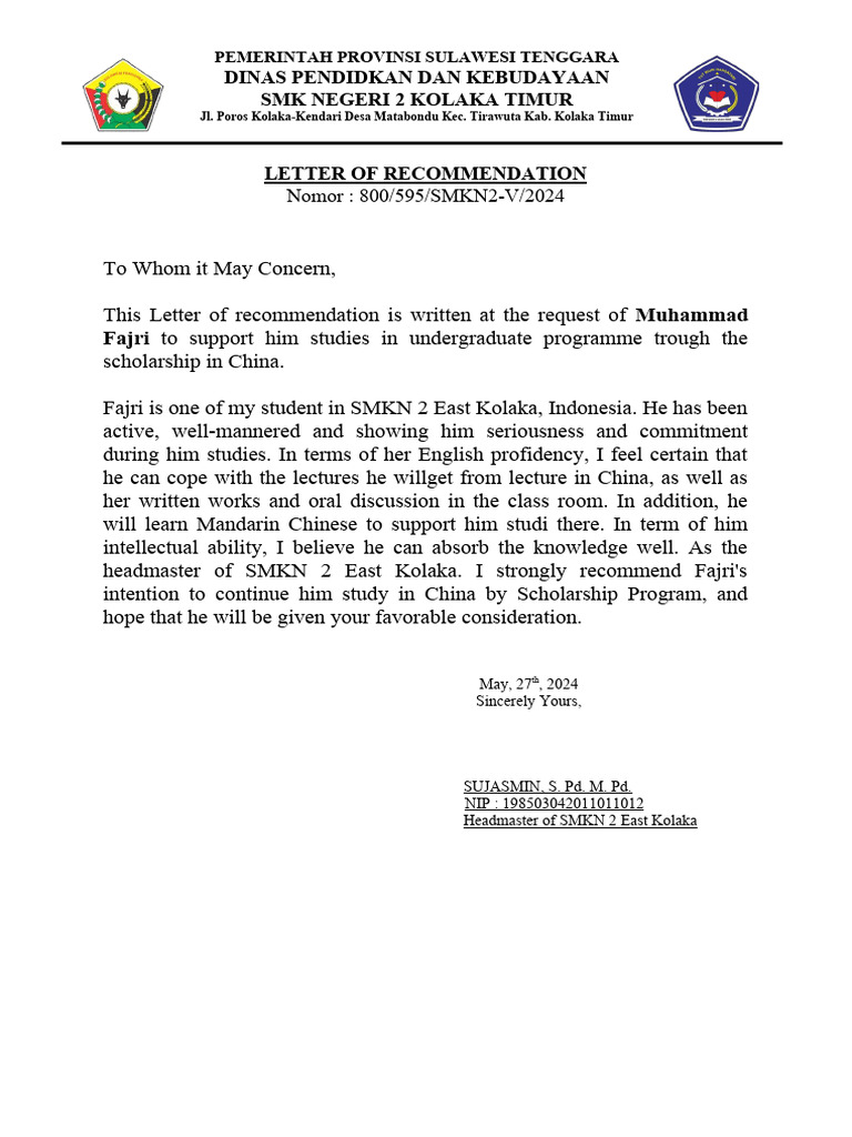 Letter of Recommendation Muhammad Fajri | PDF