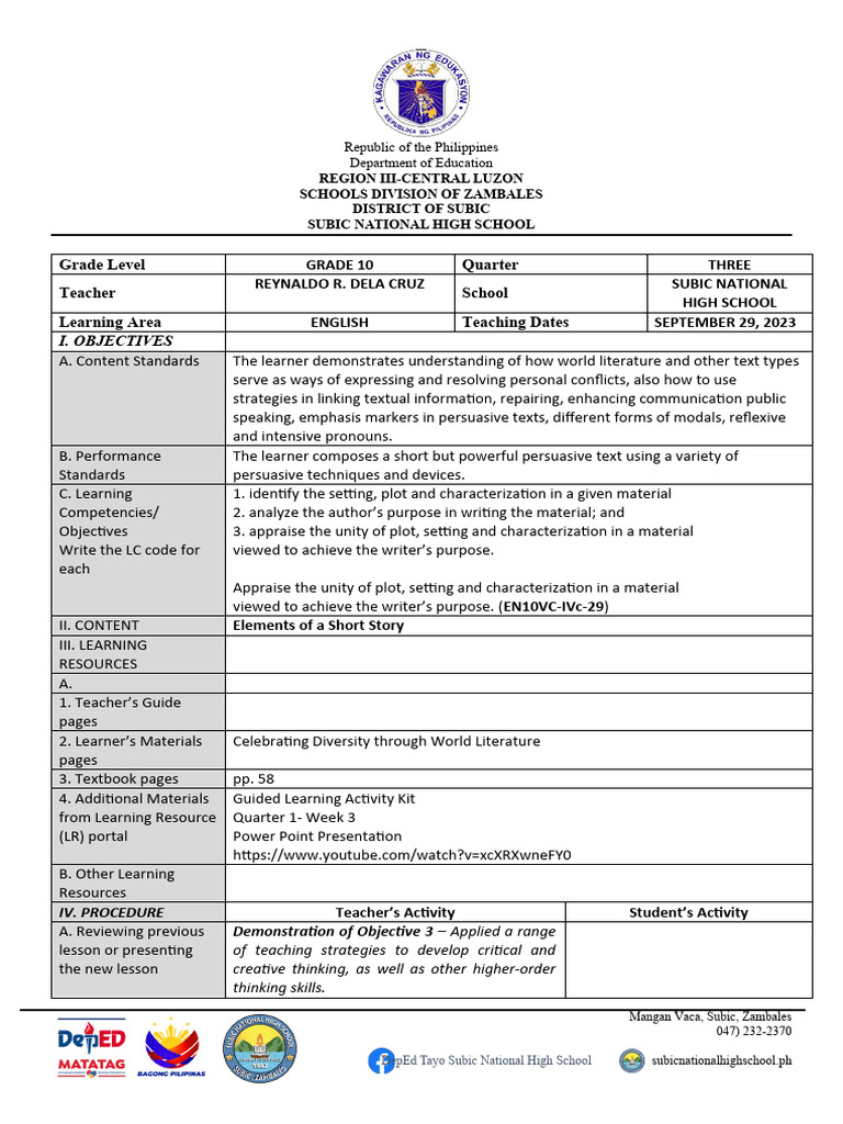 Grade 10 English Lesson Plan | PDF | Learning | Teachers