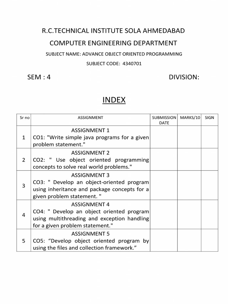 Aoop Assignment Index | PDF