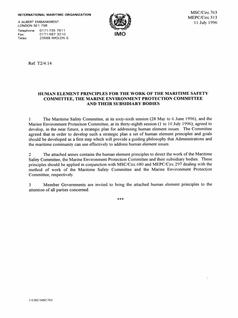 MSC-Circ.763 - Human Element Principles For The Work of The Maritime Safety Committee, The ...