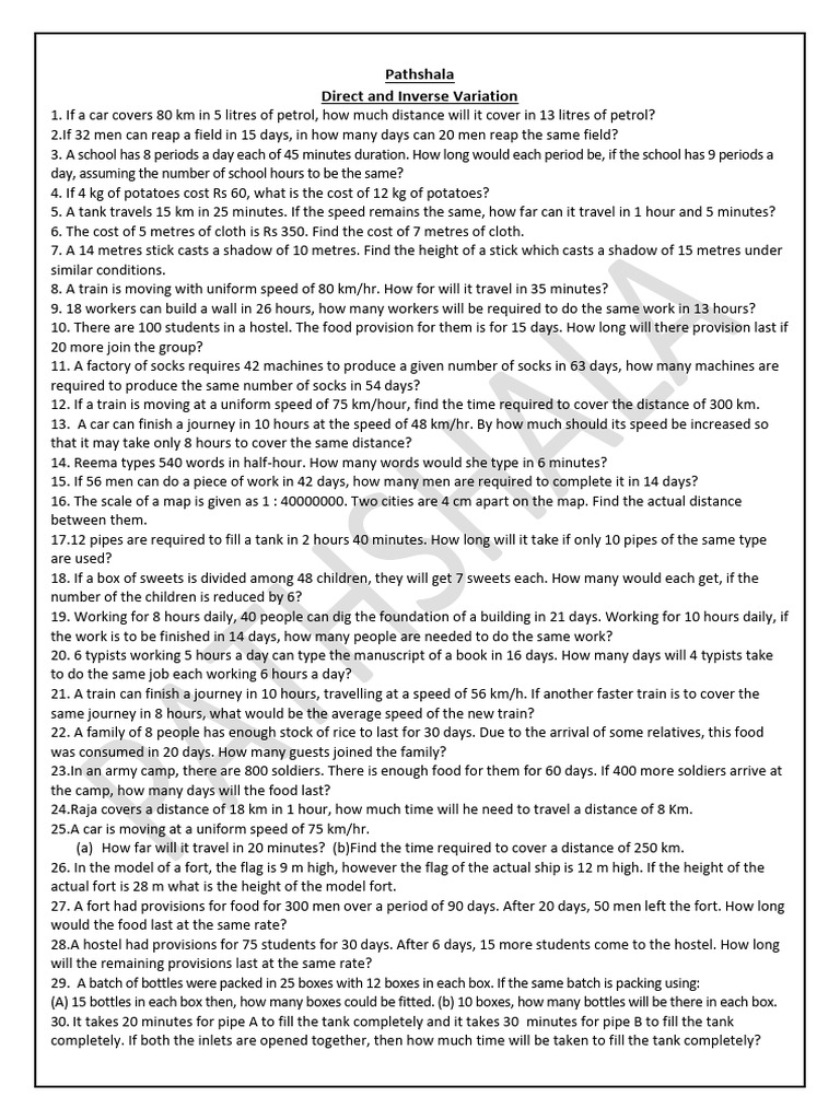 Direct and Inverse Variation Worksheet | PDF | Speed