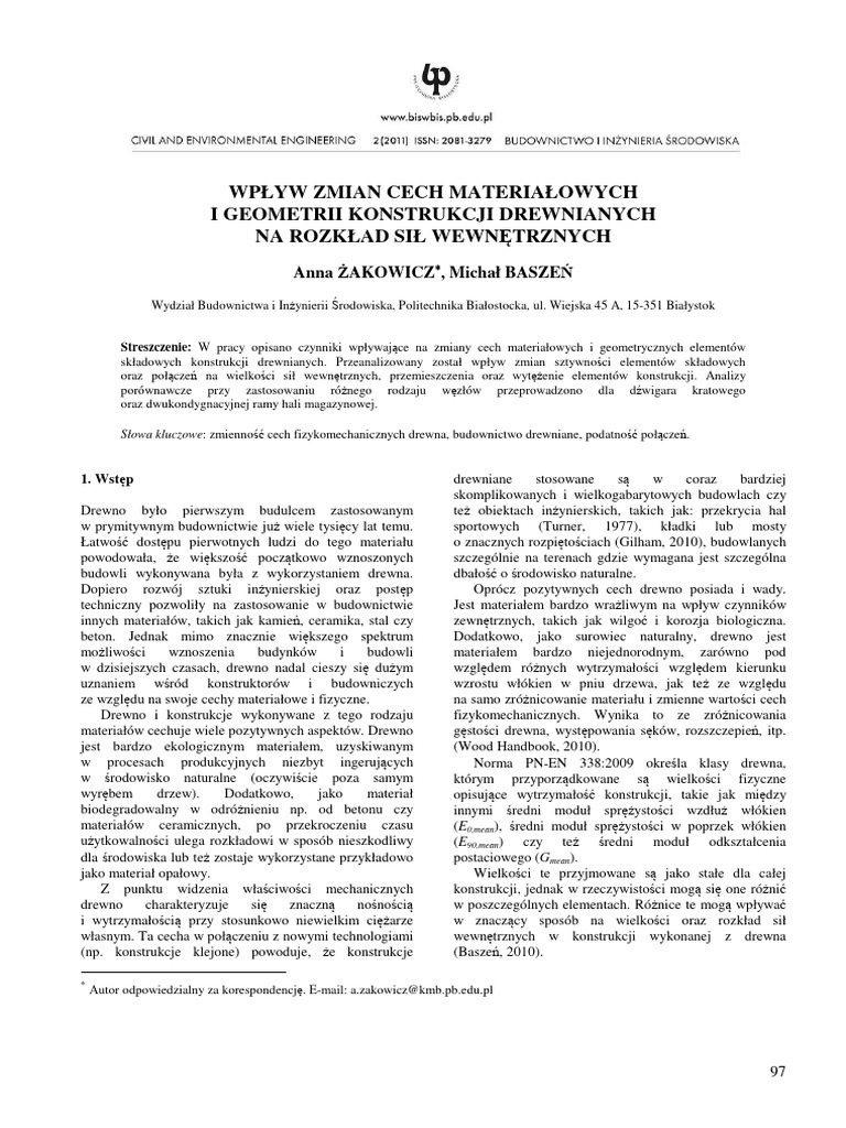 Wpływ Zmain Cech Materiałowych I Geometrii Kontr. Drewnianych Na Rokład Sił Wewn. | PDF