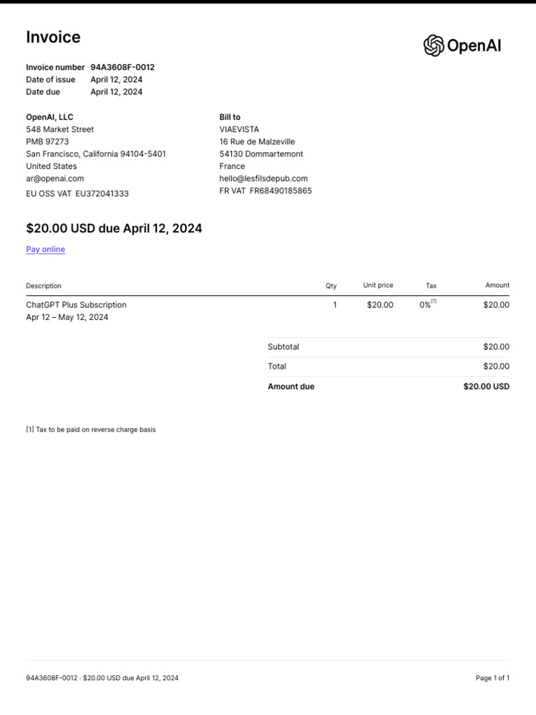 ChatGPT Plus Invoice April 2024 | PDF