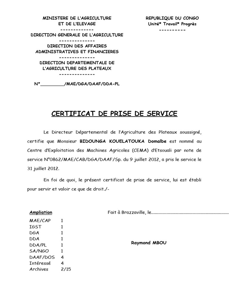 Certificat de Prise de Service | PDF