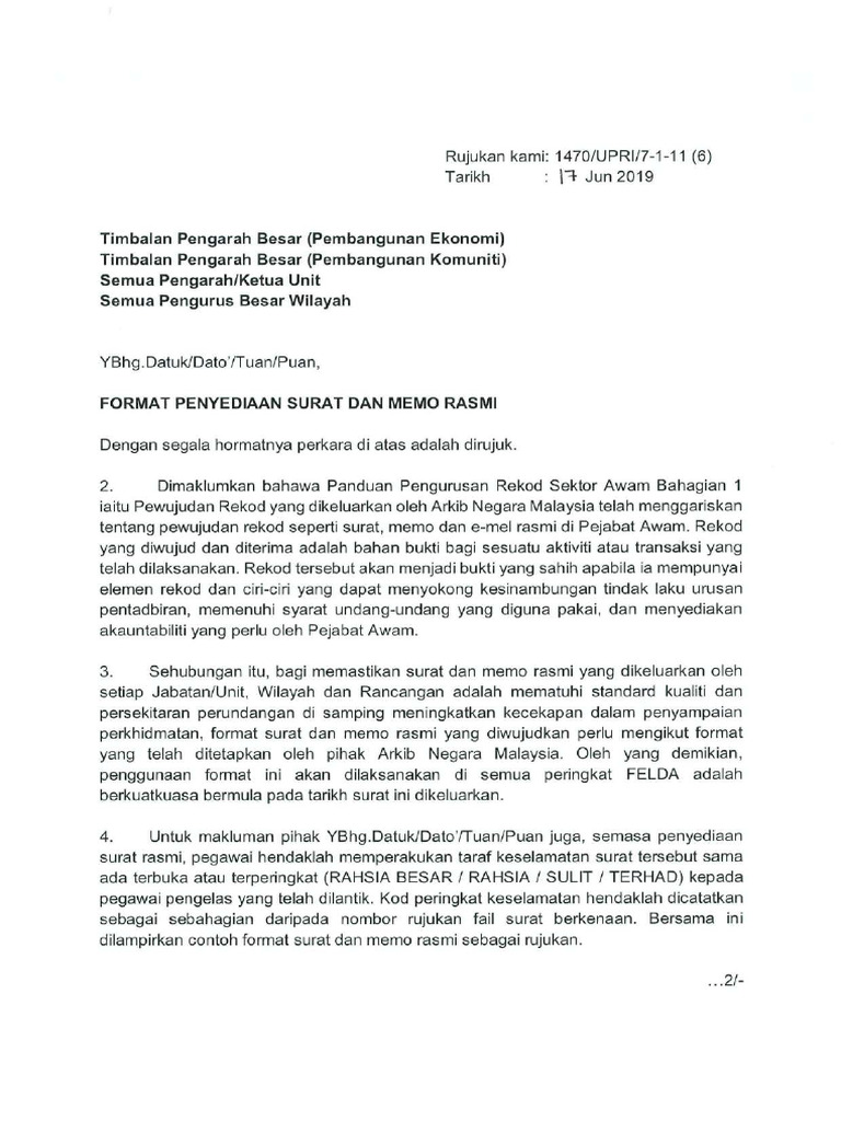 Format Penyediaan Surat Dan Memo Rasmi FELDA 2019 | PDF