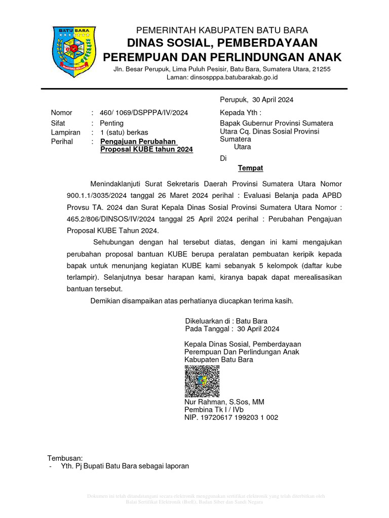 Surat - Pengantar Perubahan Proposal KUBE Tahun 2024 - Signed | PDF