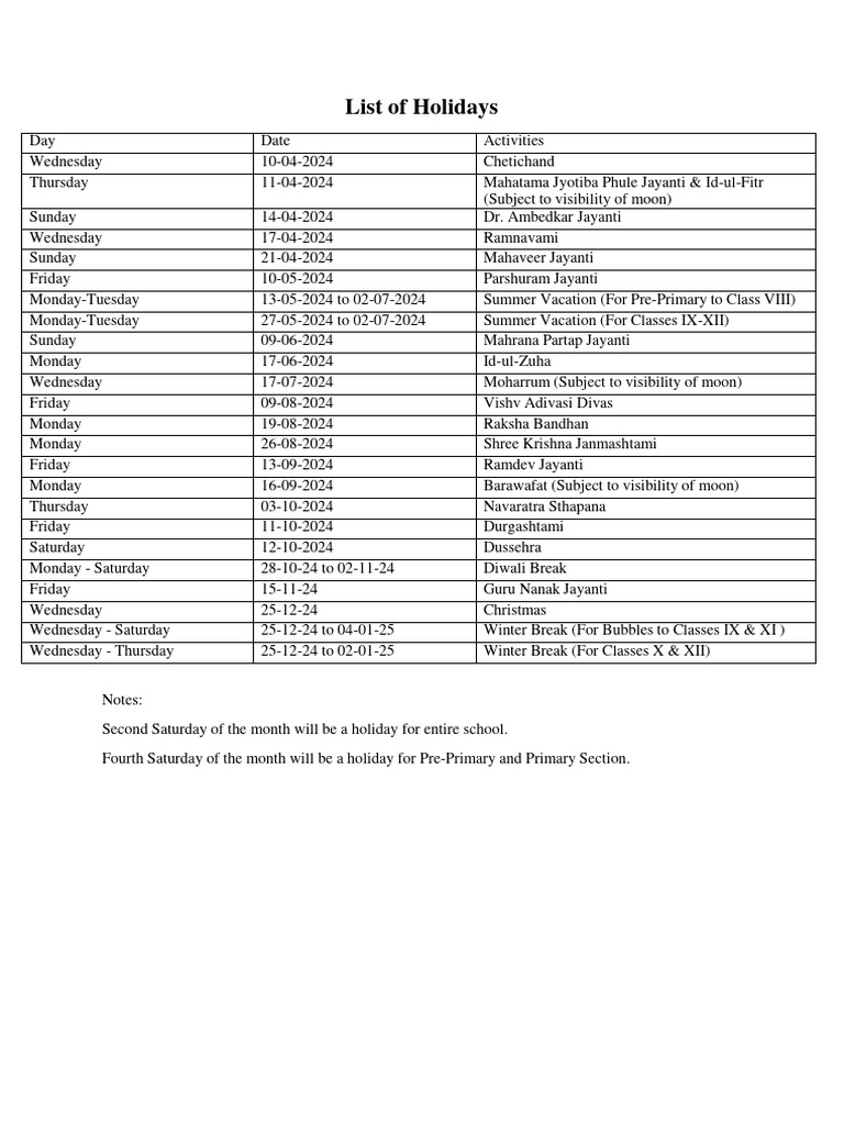 List of Holidays | Download Free PDF | Religious Holidays ...