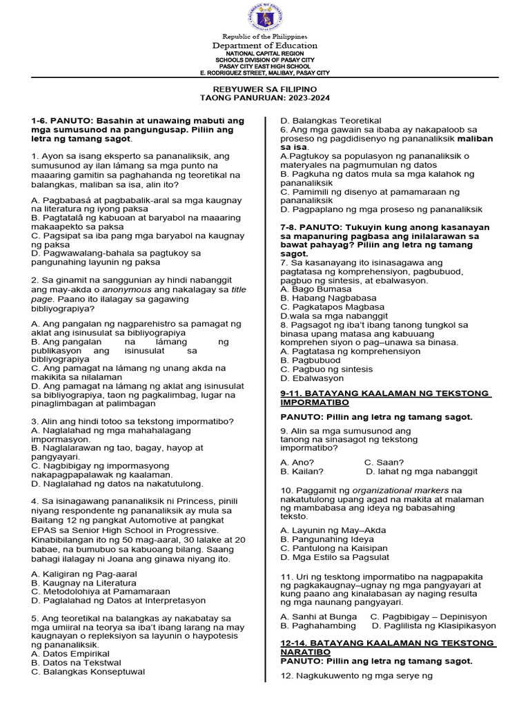 REBYUWER-SA-FILIPINO-1-30-ITEMS-WITH-ANSWER-KEY | PDF