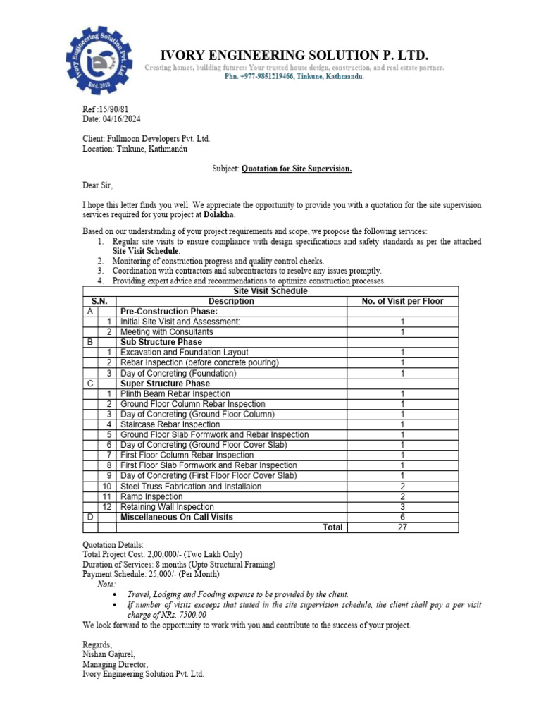 Site Supervision Quotation | PDF | Building Technology | Building ...