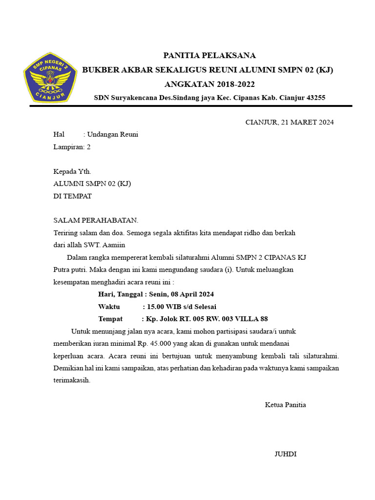 Undangan Reuni Alumni SMPN 02 KJ 2024 | PDF