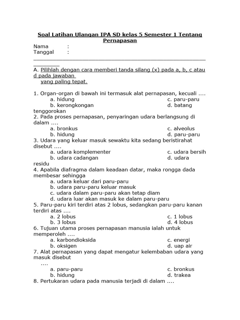Soal Latihan Ulangan IPA SD Kelas 5 Semester 1 Tentang Pernapasan | PDF | Seni & Disiplin Bahasa ...