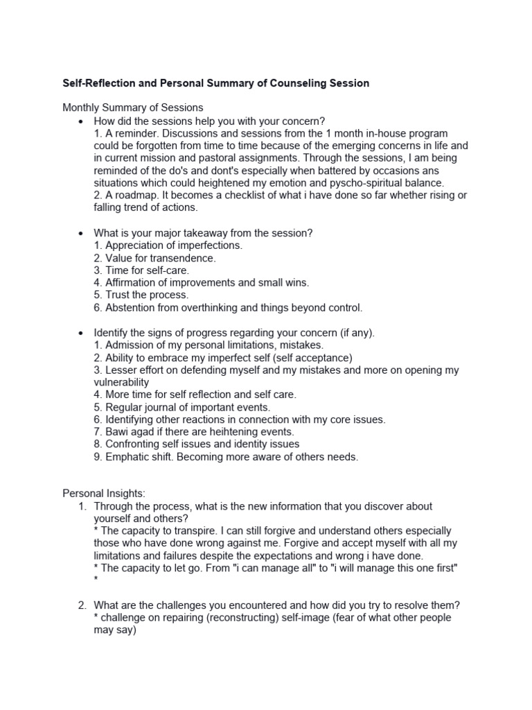Self Reflection and Personal Summary of Counseling Session - 072621 ...