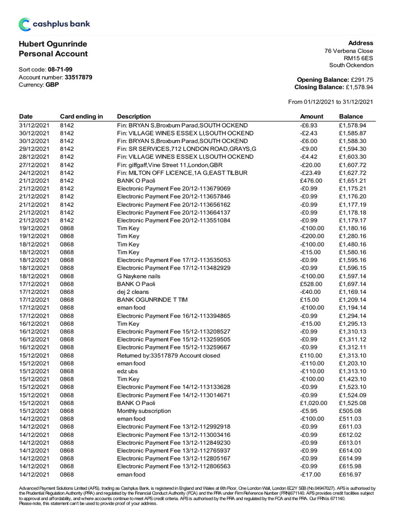 Cashplus Statement | PDF | Banking Technology | Financial Services