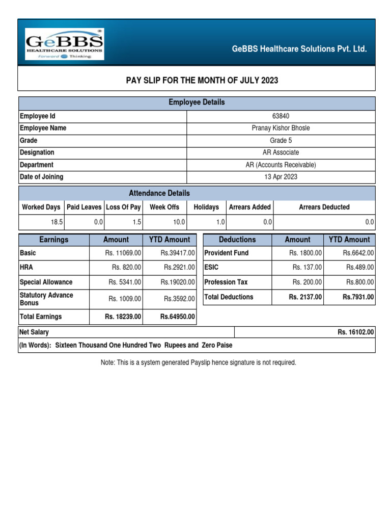 July 2023 Payslip for Pranay Bhosle | PDF