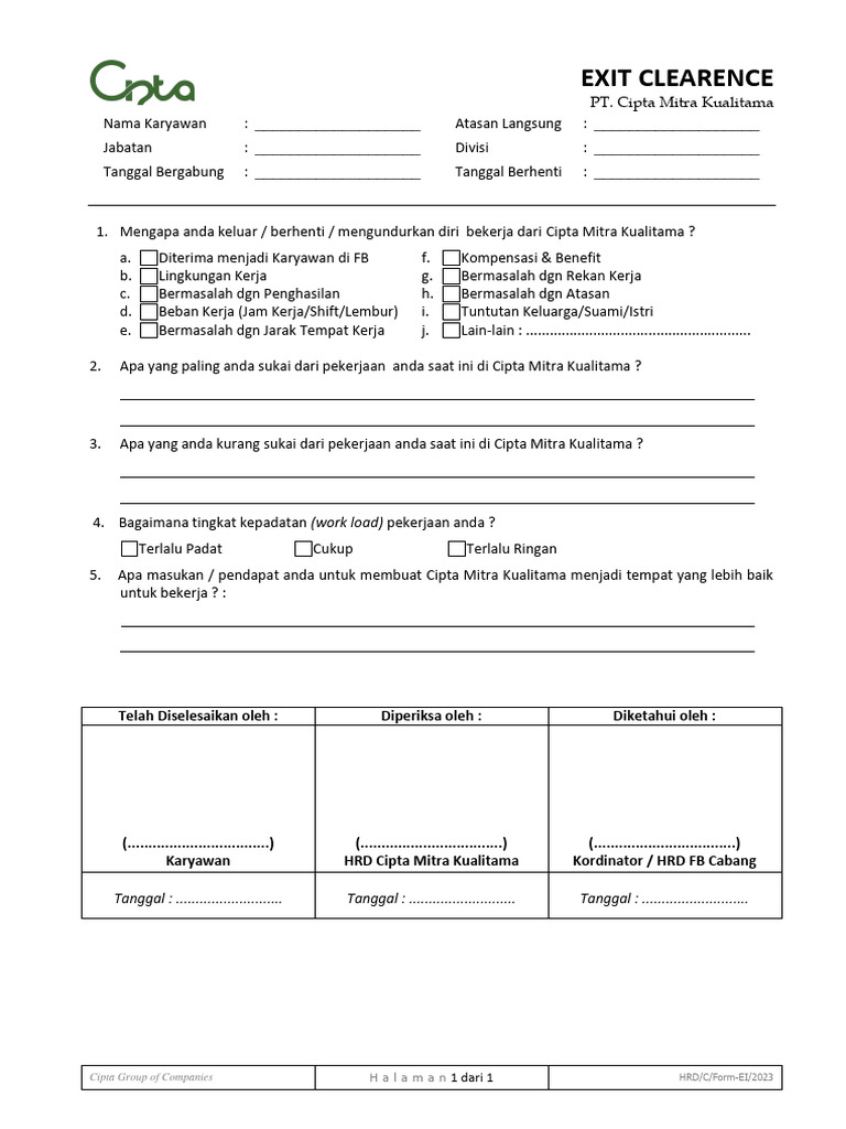 Form Exit Clearence PT - CMK | PDF