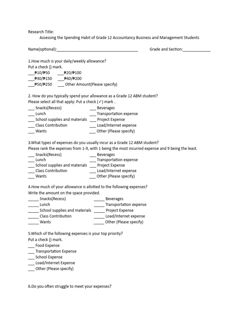 Group 3 Data Instrument (Questionnaire) | PDF | Expense