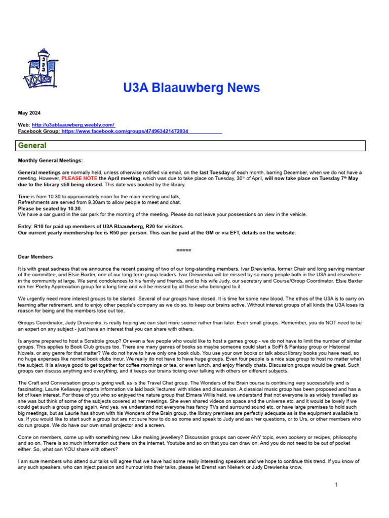 U3a Blaauwberg Newsletter May 2024 | PDF | Pancake | Batter (Cooking)