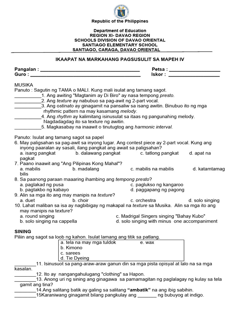 PT_MAPEH 4 - Q4 V2 | PDF PT_MAPEH 4 - Q4 V2 | PDF