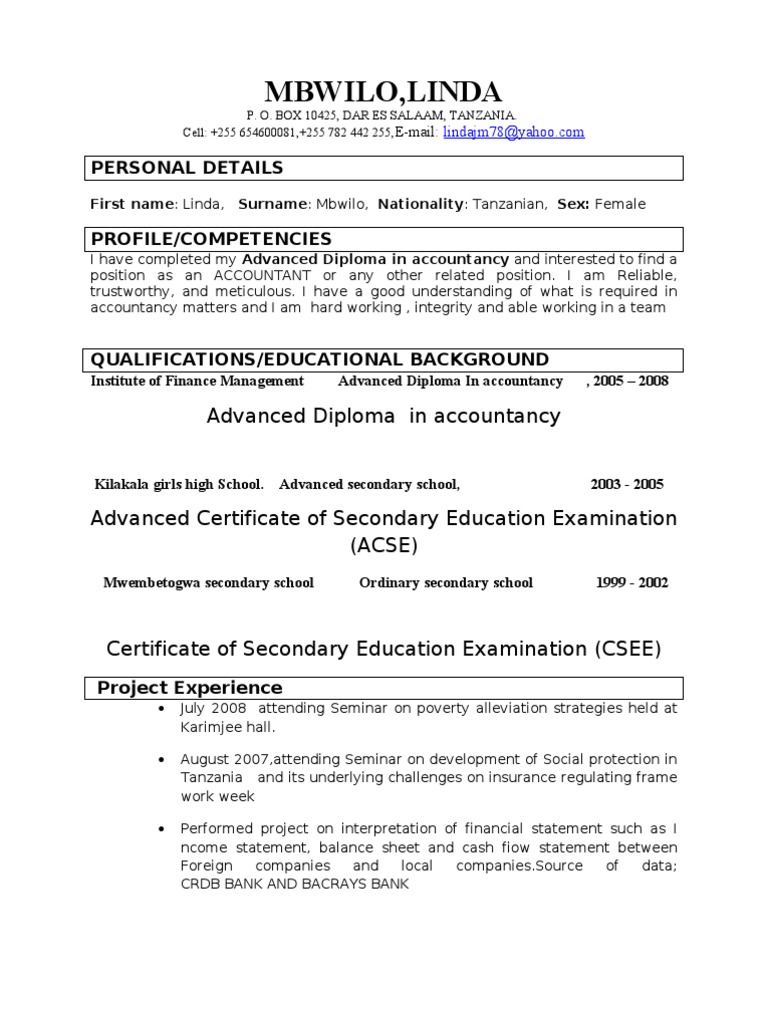 Linda Updated CV | PDF | Tanzania | Accounting