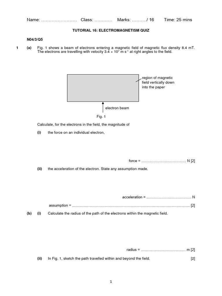 16 Electromagnetism (H2) Quiz 2024 | PDF | Electron | Force