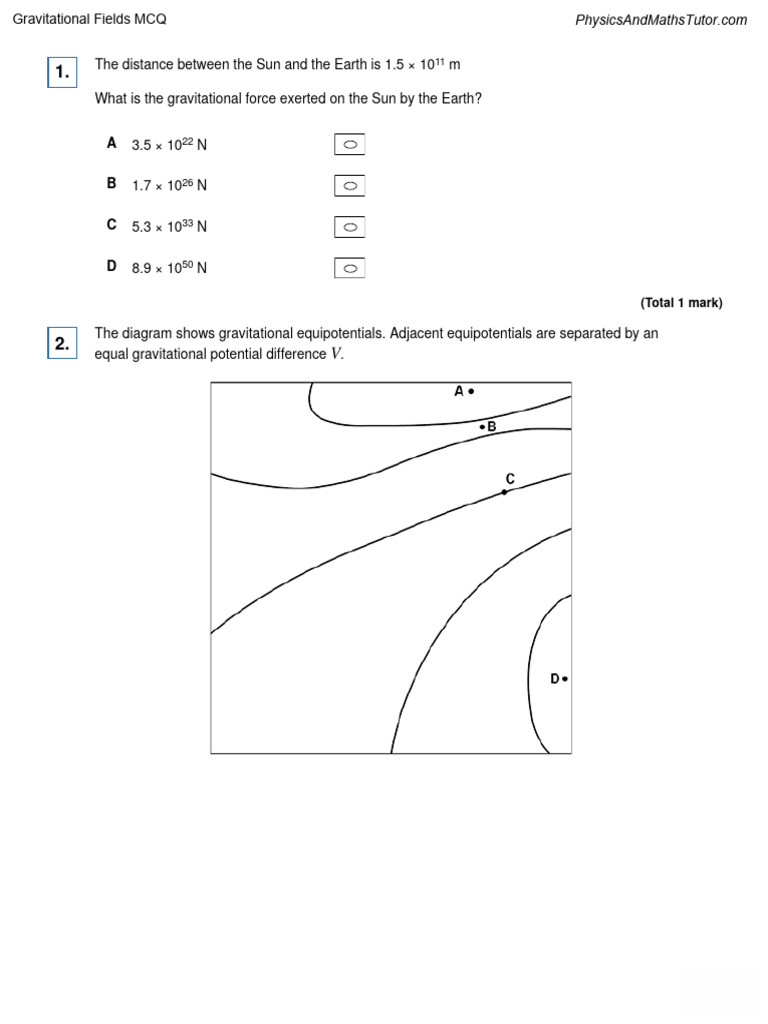 Gravitational Fields MCQ Questions | PDF | Planets | Orbit