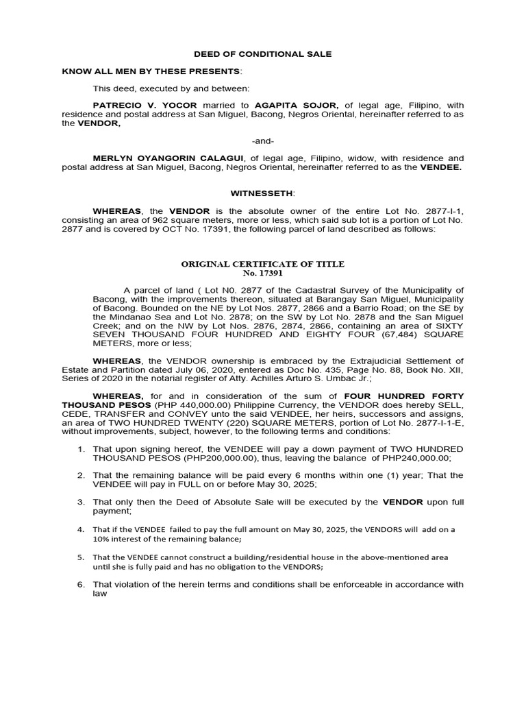 Deed of Conditional Sale-Vendiola | PDF | Deed | Private Law