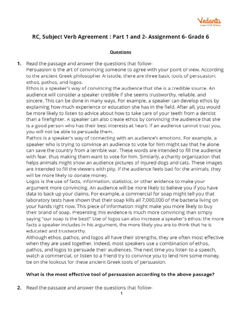 RC, Subject Verb Agreement - Part 1 and 2 - Assignment 6 - Grade 6 | PDF | Science & Mathematics ...
