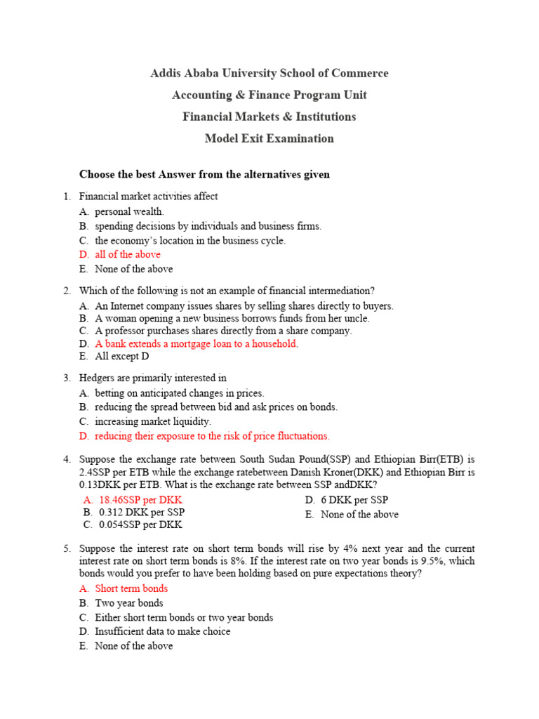 Model Exit Exam: Financial Markets & Institutions | PDF | Bonds ...