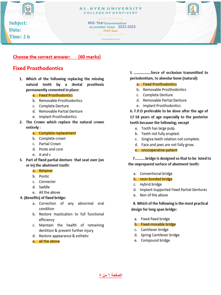 Fixed Prosthodontics: Choose The Correct Answer: (60 Marks) | PDF ...